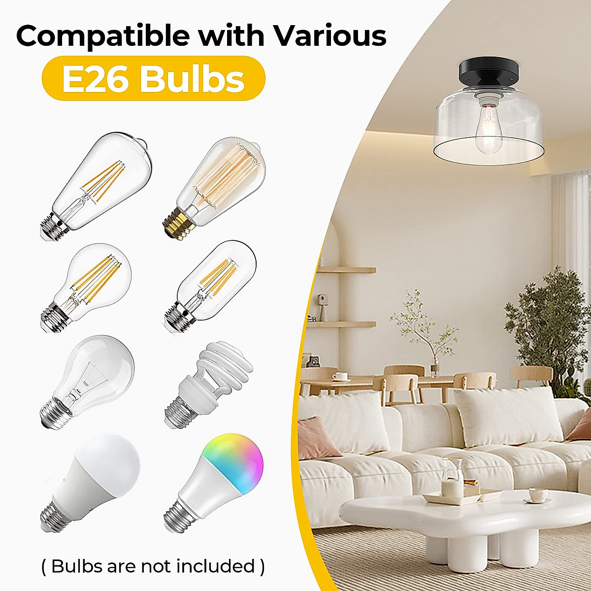 Semi Flush Mount Ceiling Light - Clear Glass Pendant Lamp Shade, Matte Black Finish, Modern Farmhouse Light Fixture for Hallway Corridor Kitchen Entryway Bedroom, Bulb Not Included