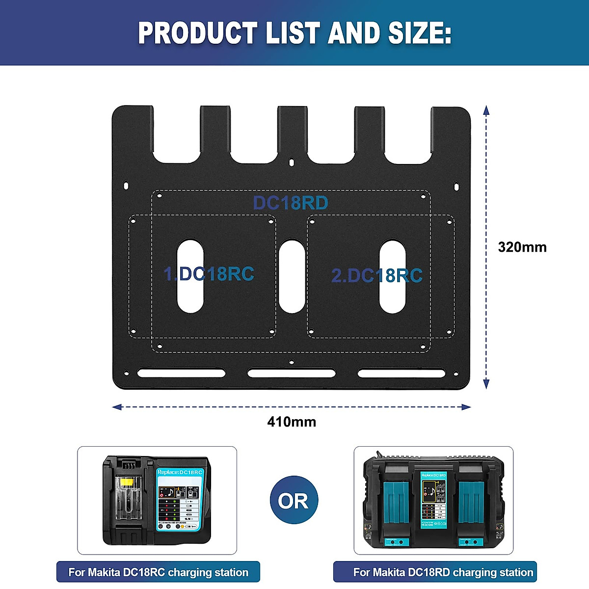 Riuog Wall Mount for Makita Battery Holders and Chargers Wall Mount, Stable 4 Piece Battery Holder 18V 14.4V and Charger Holder and Cordless Drill Driver, Order in Workshop and Garage