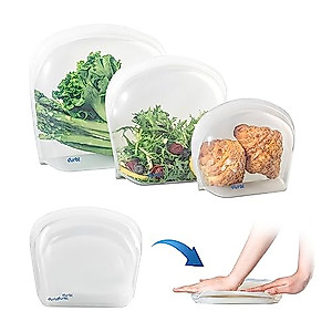 Durbl Reusable Silicone Bags for Food Storage, Bundle 3-Pack(Clear) Folding Large Silicone Container Bags, Lunch,Sandwich,Make-Up, Travel, Home Organization, Microwave, Dishwasher,Freezer Safe