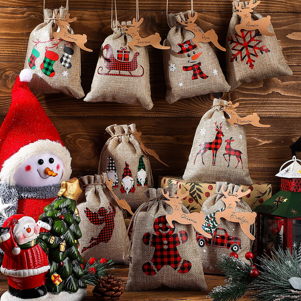 24 Pieces Christmas Burlap Gift Bags Christmas Treat Bags with Drawstrings Small Christmas Gift Goody Bags for Xmas Holiday New Year Party Favors Supplies, 12 Designs (7 x 5 Inch,Rustic Style)