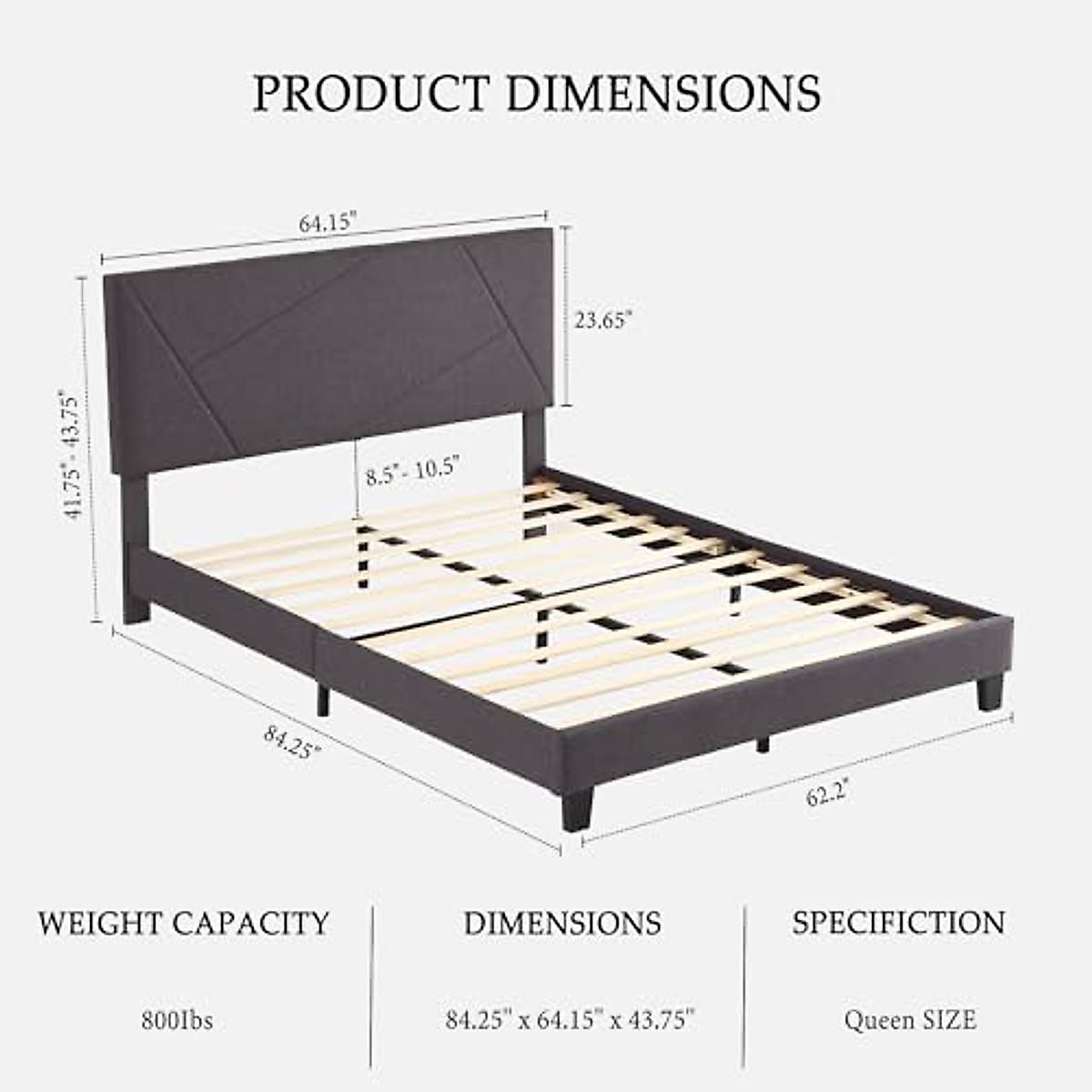Queen Size Bed Frame with Adjustable Upholstered Headboard, Platform Bed Frame with Linen Fabric Wrapped,No Box Spring Needed, Fully Upholstered Mattress Foundation, Easy Assembly, Dark Grey