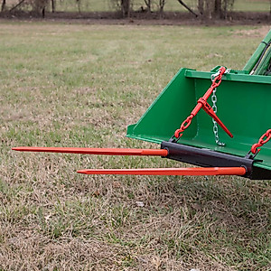 Titan Attachments Dual Prong 43" Hay Bale Spear Attachment, Universal HD Front Skid Steer Tractor Loader Bucket Attachment, 3000 LB Capacity, Conus 2 Tines, Chains and Ratchet Binders Included