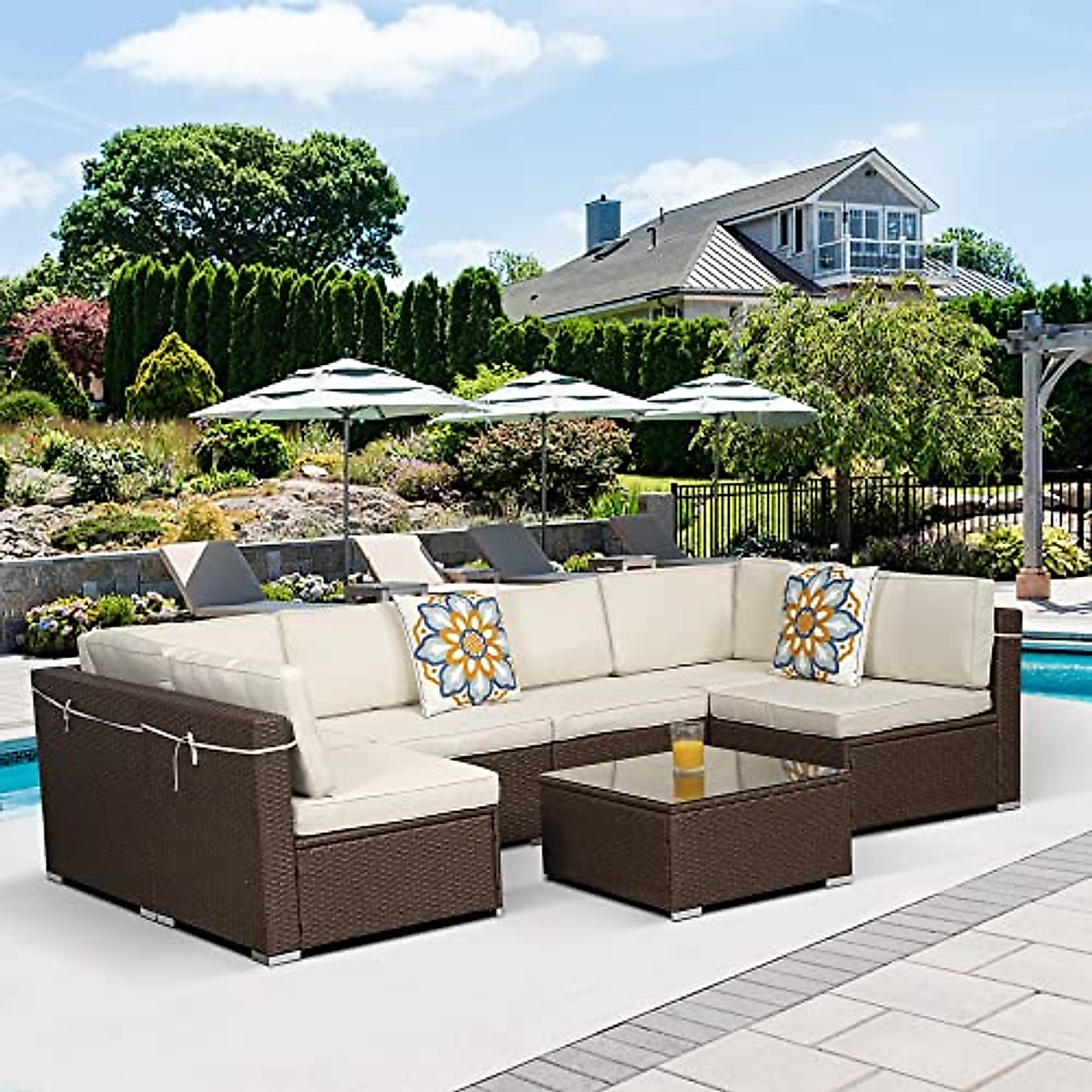 SUNVIVI OUTDOOR 7 Piece Patio Conversation Set Outdoor Furniture Set Brown Wicker Furniture Outdoor Sectional Rattan Sofa Couch for Backyard, Garden with 6 Clips, Coffee Table