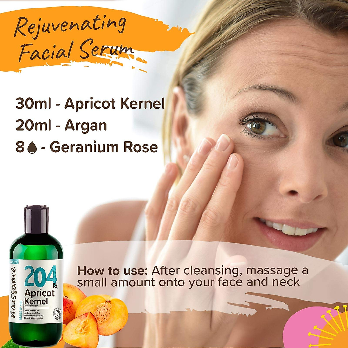 naissance Certified Organic Apricot Kernel Oil 8 fl oz - 100% Pure Natural Cold Pressed Vegan, Hexane Free, No GMO - Ideal as a Massage Base Oil - Moisturizes & Conditions Hair & Skin