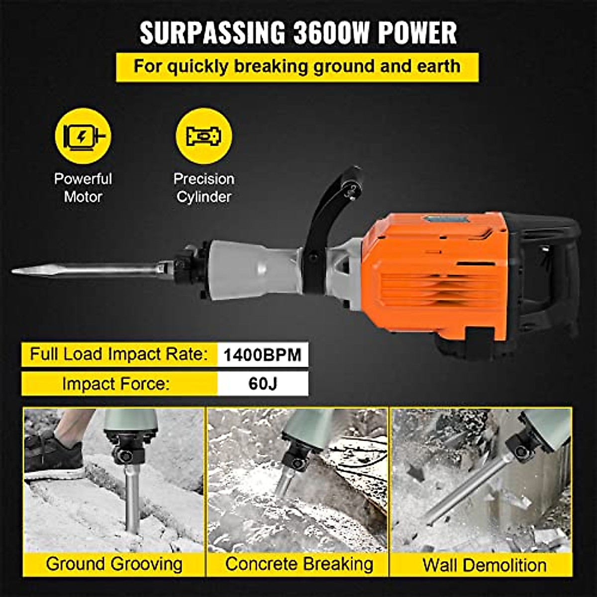 Mophorn 3500W Jack Hammer Demolition, Heavy Duty Electric Concrete Breaker Lock Speed Button 1400 BPM Chipping Hammer with Flat Chisel & Bull Point Chisel & Gloves