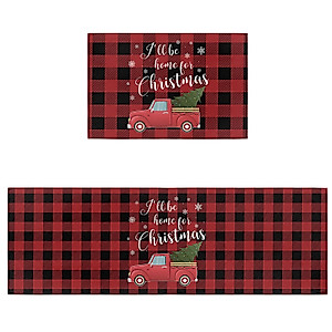 LooPoP Kitchen Rugs and Mats Sets of 2 Christmas Non-Slip Rubber Backing Area Rugs Washable Runner Carpets for Floor, Kitchen Truck Tree Snowflake Red Blank Lattice 15.7x23.6+15.7x47.2inch