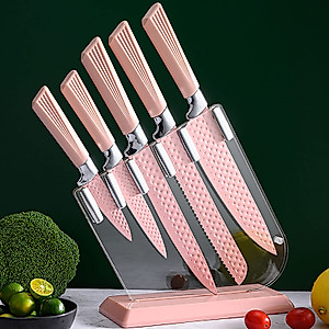 CHUYIREN Pink Knife Set of 6, Pink Kitchen Knives Sets with Knife Block, Chef Knife Set for Kitchen, Camping, Dorm, Picnicking, BBQ Dining Products