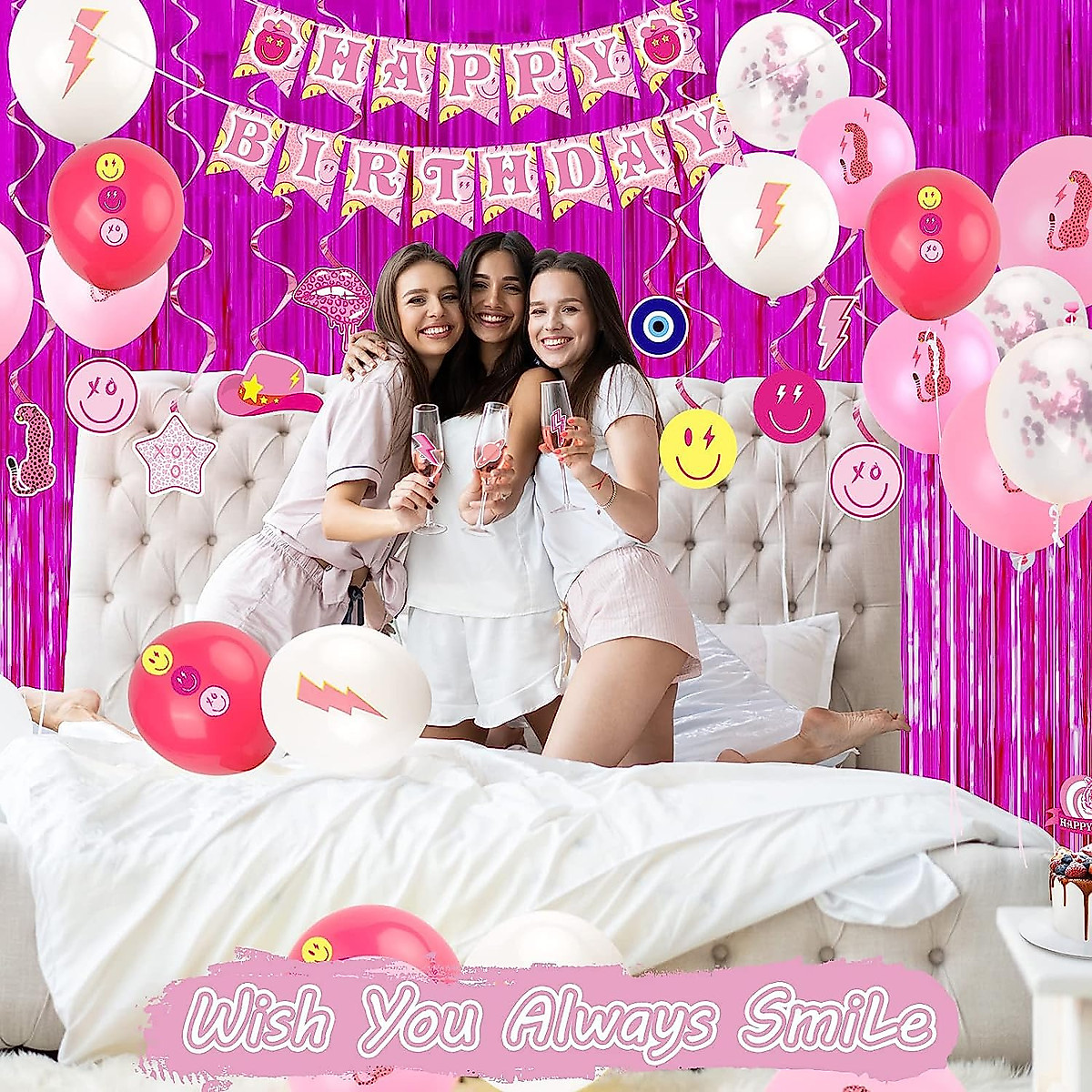 114 Pcs Preppy Birthday Decorations, Preppy Party Decorations, Preeppy Happy Birthday Banner, Preppy Balloons, Cute Preppy Stickers Hanging Swirls Cupcake Toppers Sparkling Fringe Curtain