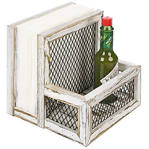 MyGift Whitewashed Solid Wood Farmhouse Napkin Holder with Salt and Pepper Shaker Caddy, Dining Table Napkin and Seasoning Condiment Holder with Metal Mesh Accent