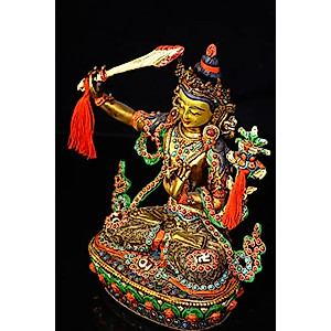 9" Tibetan Temple Collection Old Bronze Outline in Gold Painted Mosaic gem Dzi Beads Manjushri Worship Buddha Town House