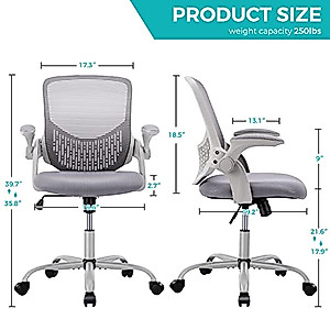 Office Chair, Ergonomic Computer Chair Mesh Home Office Desk Chairs with Flip-up Armrests, Rolling Swivel Chair with Lumbar Support Height Adjustable, Grey