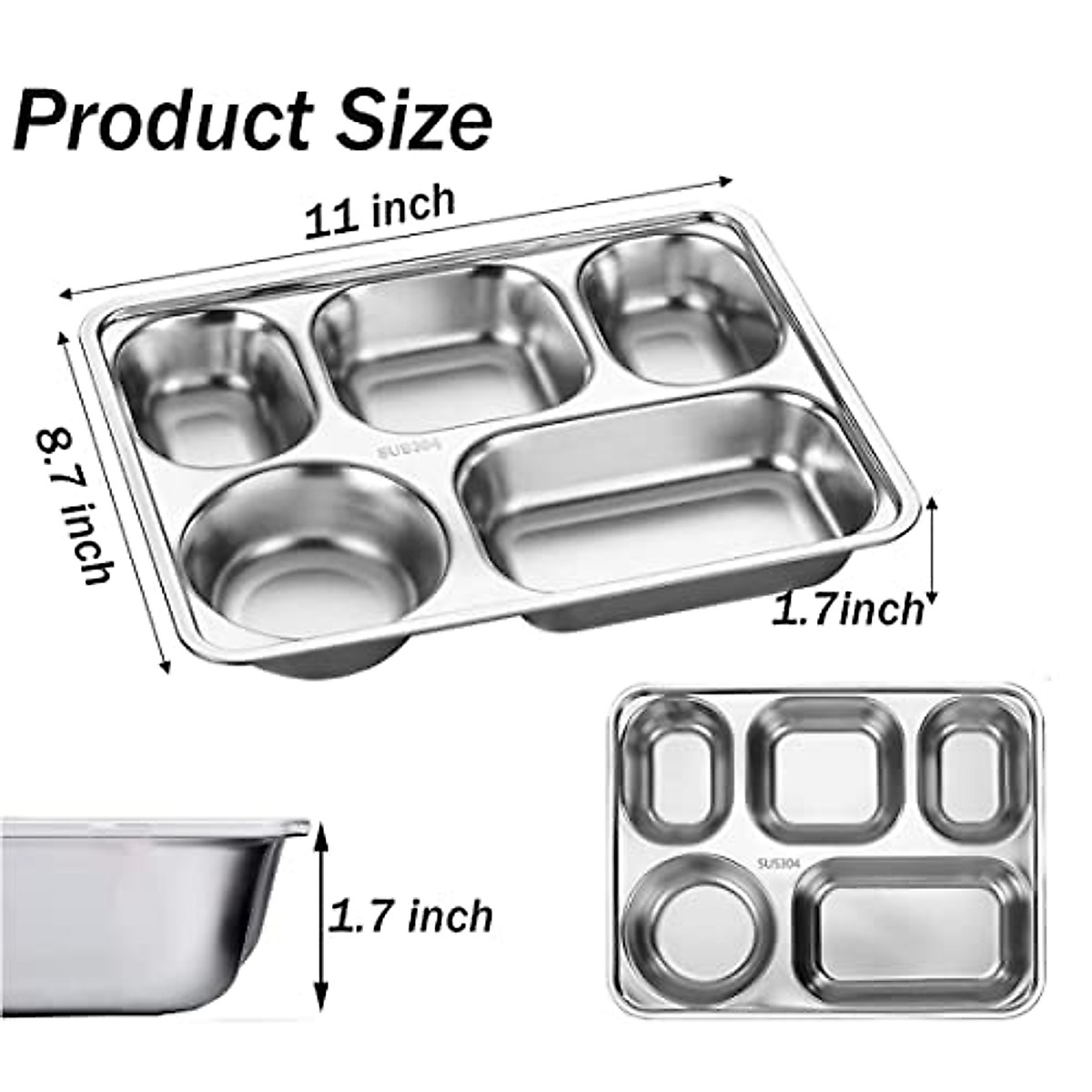 Cezoyx 4 Pack Stainless Steel Divided Trays, 5 Section Divided Dinner Plates Rectangular 304 Steel Section Control Plates for Adults, Kids, Campers, Diet Food Portion Control