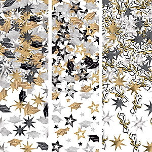 Amscan Graduation Party Caps and Stars Confetti Decoration (Pack of 1), Black/Silver/Gold, 12 oz