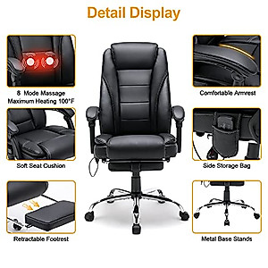 HOMREST Executive Office Chair, Ergonomic High Back Cushion Lumbar Back Support, Computer Desk Chair, Reclining Office Chair with Foot Rest, Padded Armrest, Adjustable Height, Massage and Heated