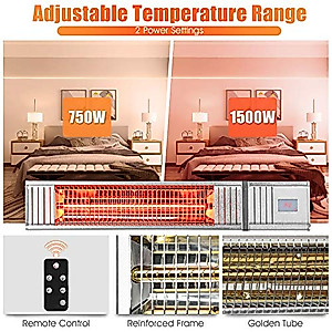 COSTWAY Wall-Mounted Patio Heater, 750W/1500W Infrared Heater with 9-Level Adjustable, 24H Timer, Auto Shut Off, Remote Control, Install Multi-Angle Adjustment, Outdoor Heater for Garage, Home