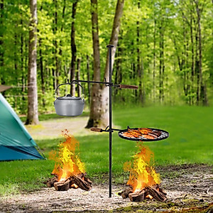 LINISHOP 2in1 Portable Campfire Grill Adjustable 360° Rotation Campfire Grill Fire Pit Grill Pan Rack BBQ Swivel Campfire Grill Charcoal Outdoor Camping Barbecue Tool Black New