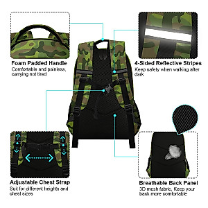MNSRUU School Backpack with Chest Strap, Camouflage Green Laptop Backpack, Travel Hiking Backpack for Boys Girls, Rucksack, Knapsack