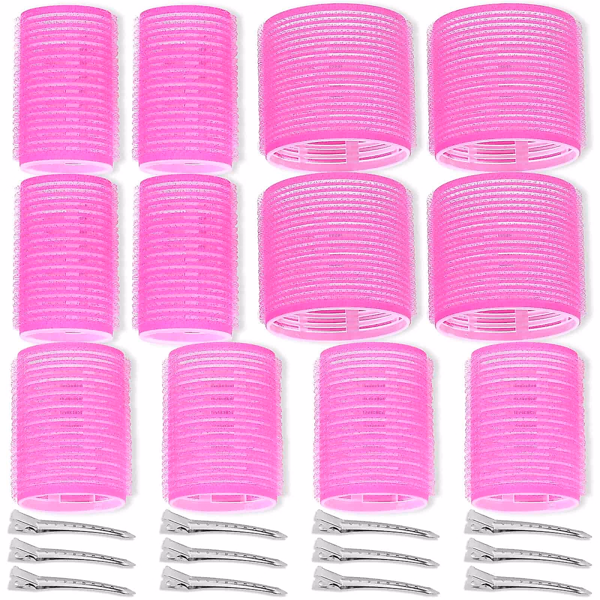Self Grip Hair Rollers Curlers Set - 24 Pieces with 3 Sizes (4 Jumbo, 4 Large, 4 Medium) and 12 Clips for Volume on Long, Short, Thick, or Fine Hair