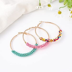 Jinxiuge 6 Pair Beaded Hoop Earrings Boho Flower Round Earrings Women's Handmade Earrings Set