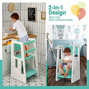 Costzon Kids Kitchen Step Stool with Double Safety Rails, Toddler Learning Stool with 3 Adjustable Heights and Non-Slip Foot Pads, Toddler Tower for Kitchen Countertop and Bathroom (Green)