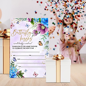UDNADKEX Baby Shower Invitations for Girl Lavender Floral with Envelopes, Invites for Baby Showers Party Butterfly, Butterfly Kisses, 4"x6" Set of 20