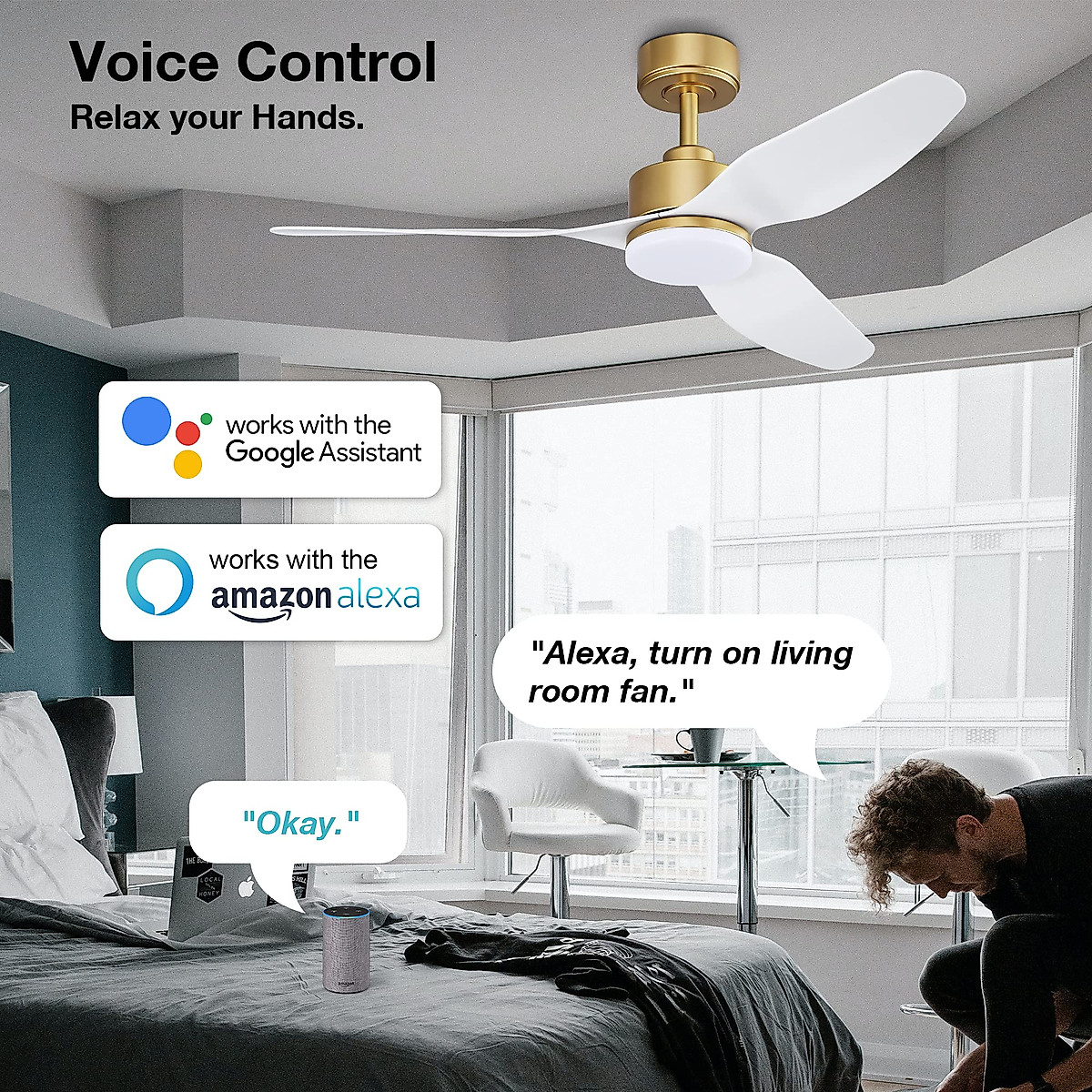 Hoenofly 48 Inch Smart Ceiling Fans with Lights and Remote Control,Dimmable LED Light,Outdoor Indoor Gold White Ceiling Fan,Quiet DC Motor,WIFI Alexa App Workable,for Modern Bedroom Living Room Patio