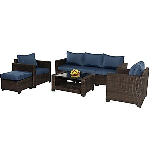 KJDFLJ Patio Furniture Set-Outdoor Furniture Wicker Patio Conversation Set, All-Weather PE Rattan Sectional Sofa with Cushions and Glass Coffee Table (Brown + Dark Blue, Slanting_7-Piece)