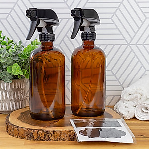 Cornucopia Brands 16oz Amber Glass Spray Bottles w/Reusable Chalk Labels (2 Pack), Heavy Duty Mist & Stream 3-Setting Sprayer; Great for Essential Oils