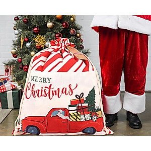 POPGIFTU Christmas Canvas Gift Bags with Drawstring, 12 PCs Christmas Santa Sack, Reusable Cotton Xmas Sack Cloth Bag for Xmas Package Storage, Christmas Party Supplies Favors