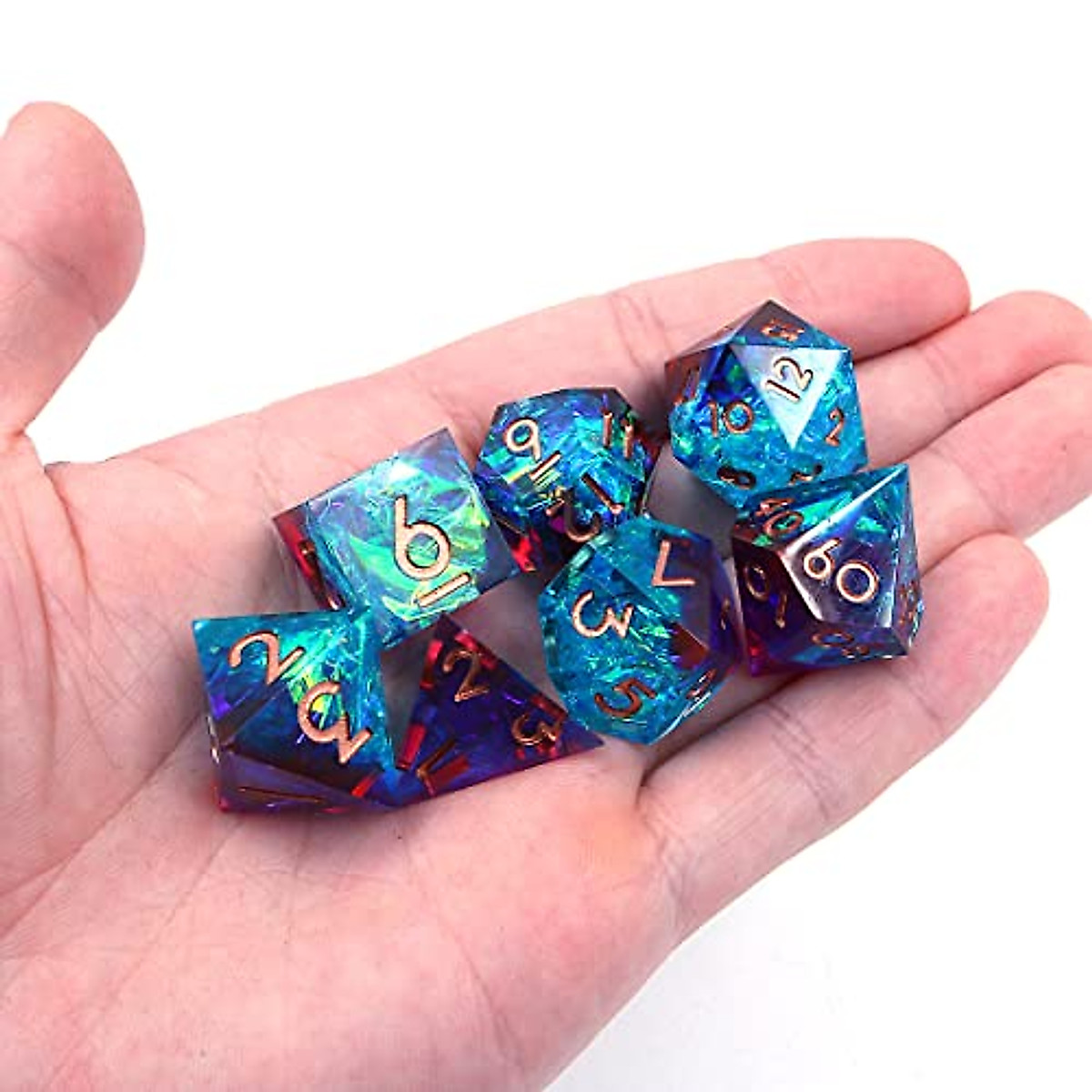 DollaTek Resin Transparent RPG Dice Set, 7pcs DND Dice Set D4 D6 D8 D10 D12 D20, Red and Blue with Gold Foil, for Dungeons and Dragons and Board Games