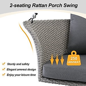 Patio 51.9” 2-Person Swing Chair,Outdoor Rattan Woven Hanging Seat with Adjustable Rope and Cushion,for Porch Lawn Garden Backyard Balconies (Gray&b)