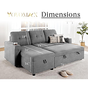 yoyomax L Shaped Sofa-82'' Sectional Sofa with Storage Chaises & Cup Holders, Pull Out Bed & Storage Space for Living Room, Apartment and Office, Light Grey(Left)