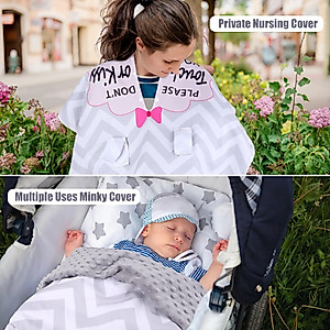 Metplus 2 in 1 Baby Car Seat Cover, Car Seat Canopy for Babies, Mom Nursing Cover, Minky Baby Carrier Covers, Newborn Boy Girl Shower Gift, Peekaboo Opening & No Touch Sign, Grey Stripes