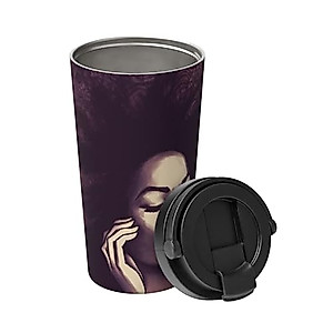 GTKSYNVE Reusable Coffee Mug with Lid and Handle, African Hair Black Women Tumbler for Hot & Cold Drinks 16oz Stainless Steel Insulated Coffee Tumblers Double Wall Vacuum Thermal Cup