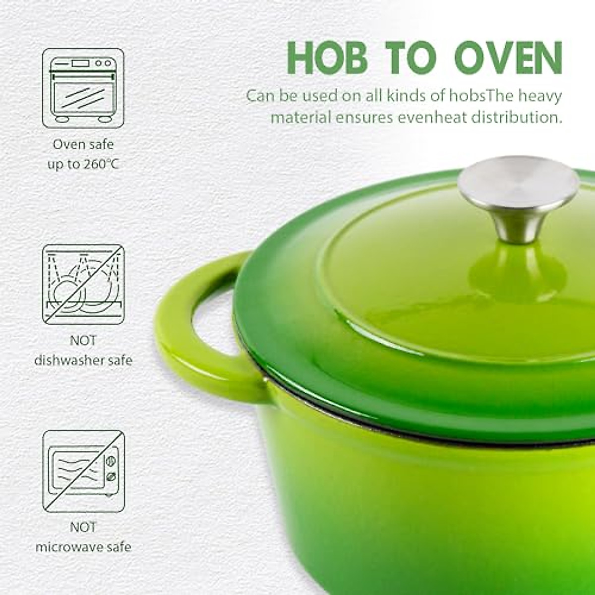 2.6 ​QT Enameled Dutch Oven Pot with Lid, Cast Iron Dutch Oven with Dual Handles for Bread Baking, Cooking, Non-stick Enamel Coated Cookware (Apple Green)