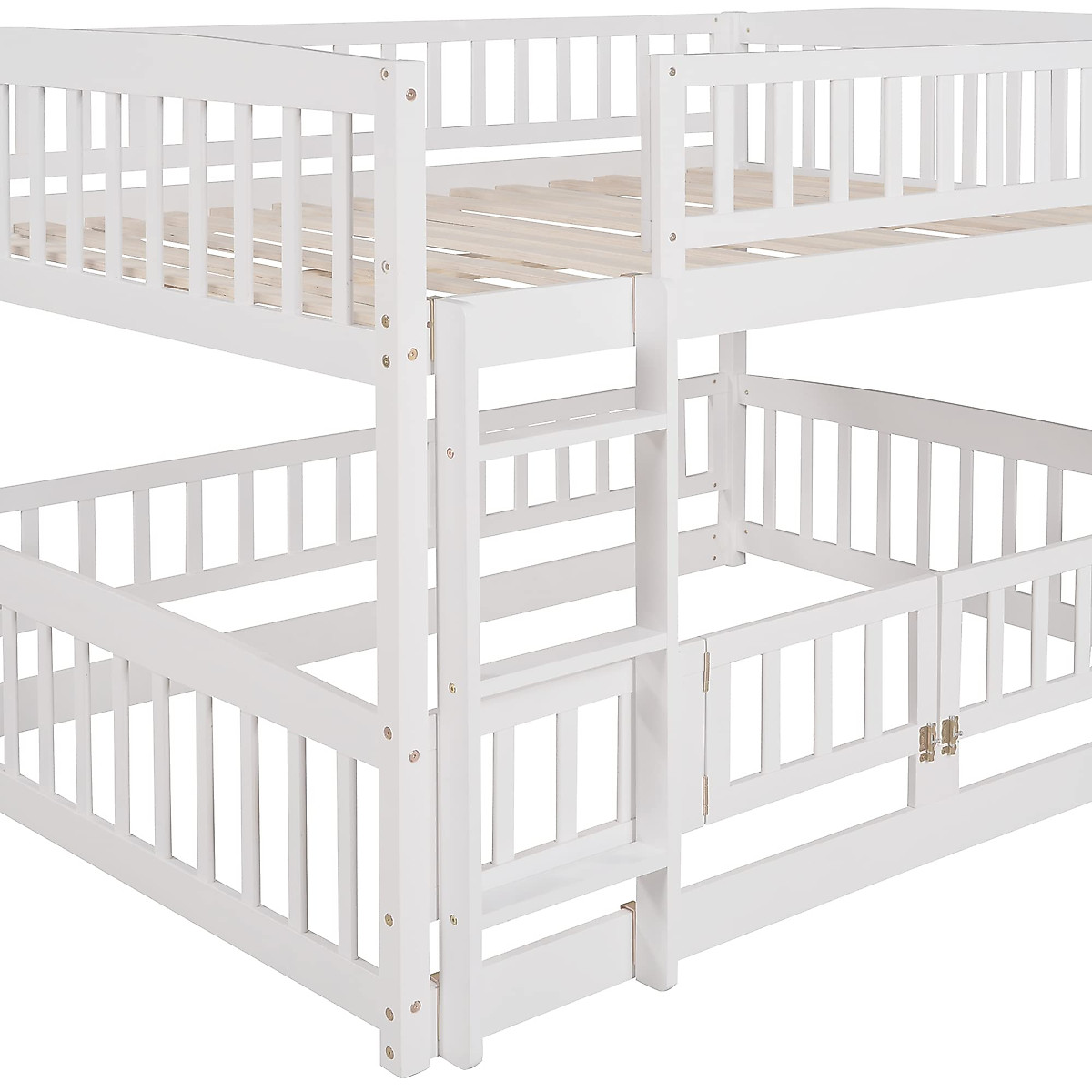 DreamBuck Full Over Full Bunk Bed with Convertible Slide and Ladder, Wood Low Bunk Bed with Fence for Toddler/Kids/Teens, Floor Bunk Bed for Boys/Girls, Space Saving, Easy Assembly, White