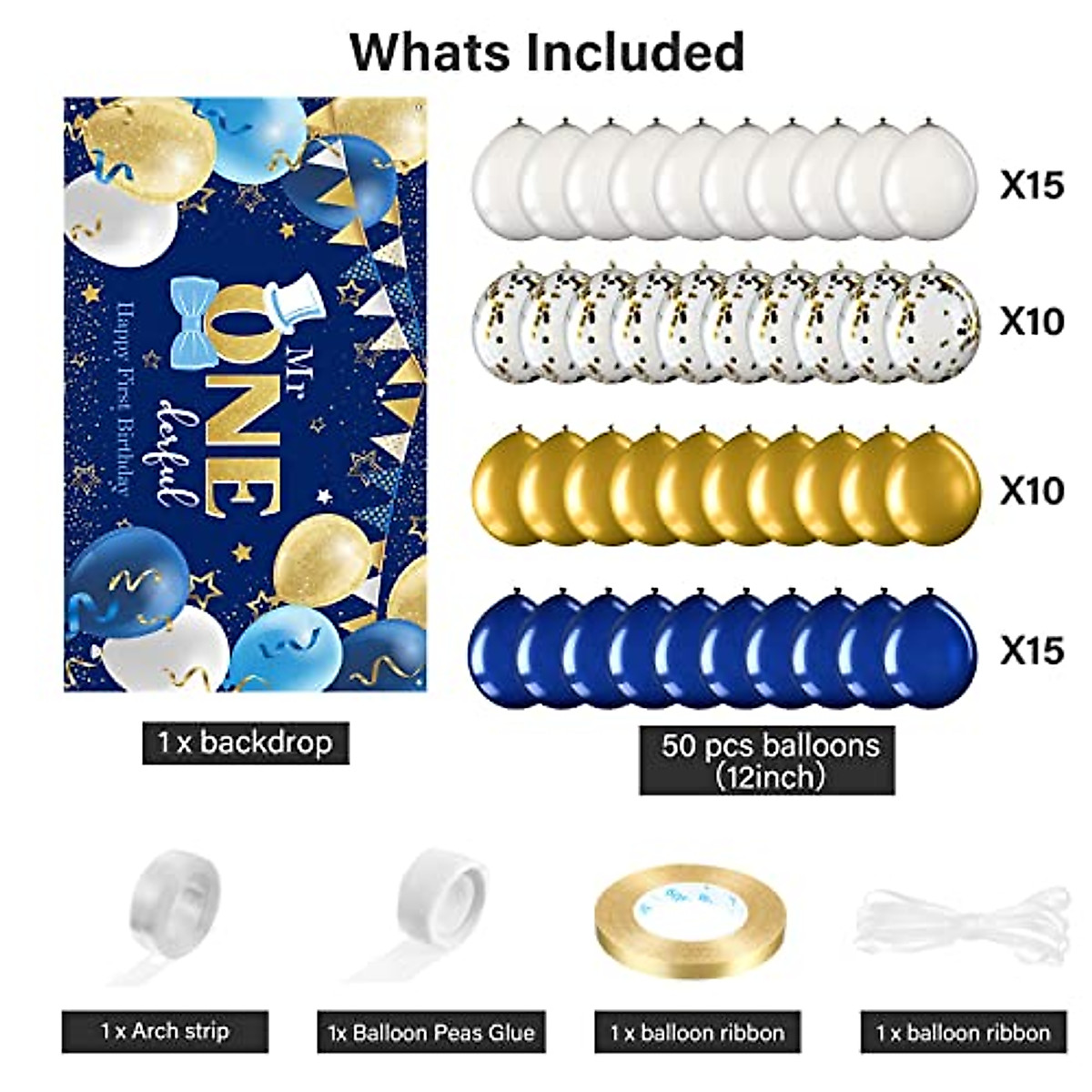 Boys 1st Birthday Decoration Mr. Onederful Birthday Party Supplies 1st Happy Birthday Backdrop Photography Background with Balloons for Baby Toddler Little Man First Birthday Decor (Blue and Gold)