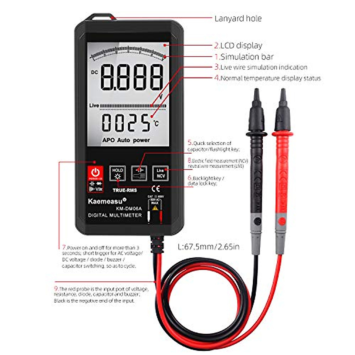 Kaemeasu Big Screen Auto Recognition Smart Mini Touch Digital Multimeter Ultra-Thin Pocket Electronic Repair Tools KM-DM06A