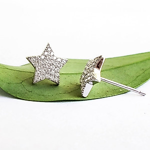 Hiqmic 925 Sterling Silver Fashion Star Rhinestone Ear Stud Earrings Piercing White Gold Plated Jewelry - Silver