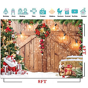 CYLYH 8x6FT Christmas Backdrop for Photography Winter Christmas Rustic Barn Wood Door Photography Backdrop Xmas Tree Snow Gifts Decor Background Banner for Family Holiday Party Supplies D554