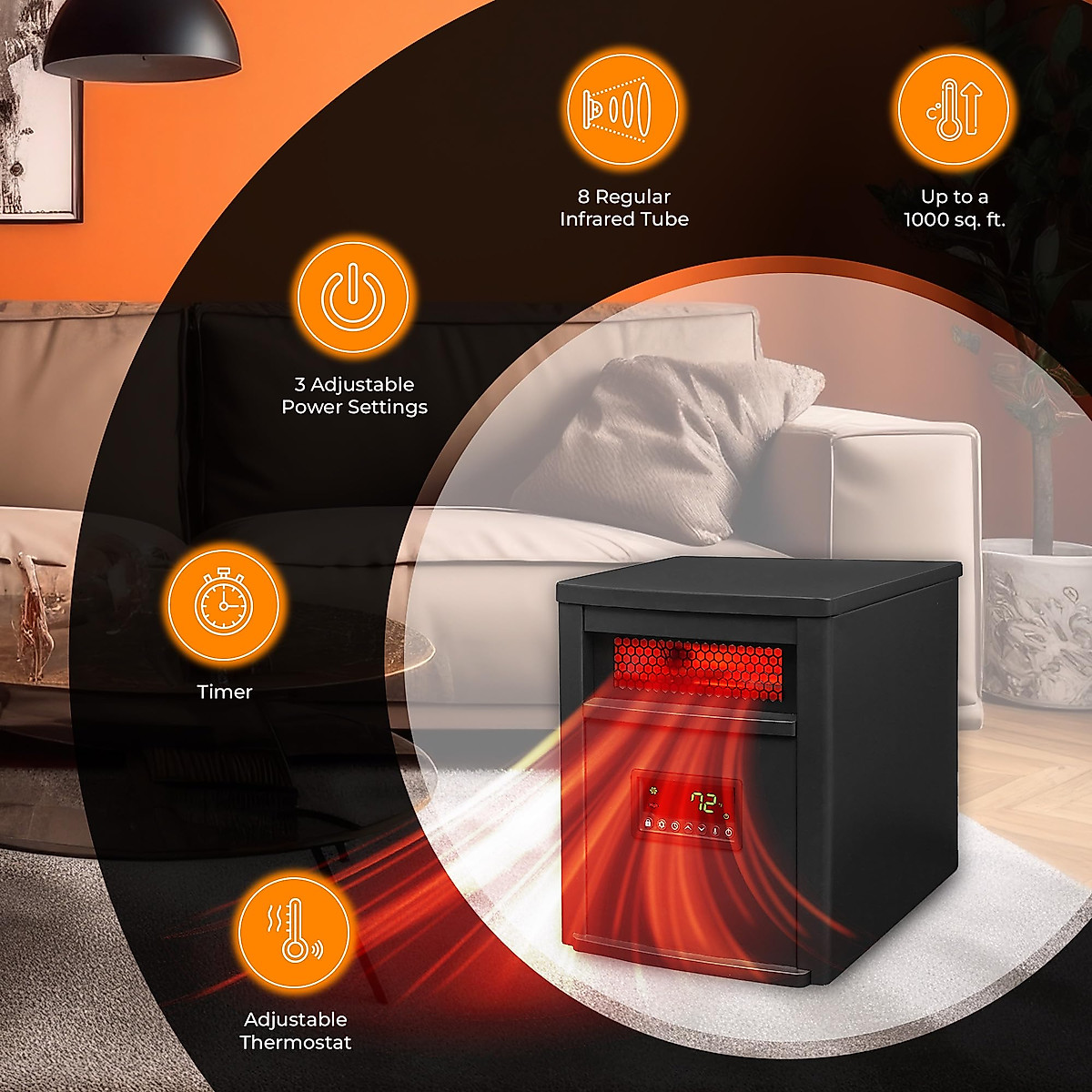 LifeSmart Infrared Quartz Space Heater, 8 Element 1500W Portable Heater with Remote, Black