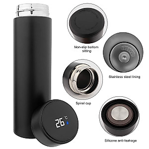 QiCheng&LYS Coffee Thermos,Tea Infuser Bottle,Smart Sports Water Bottle with LED Temperature Display,17 OZ Vacuum-Insulated Stainless-Steel Water Bottle (Black)