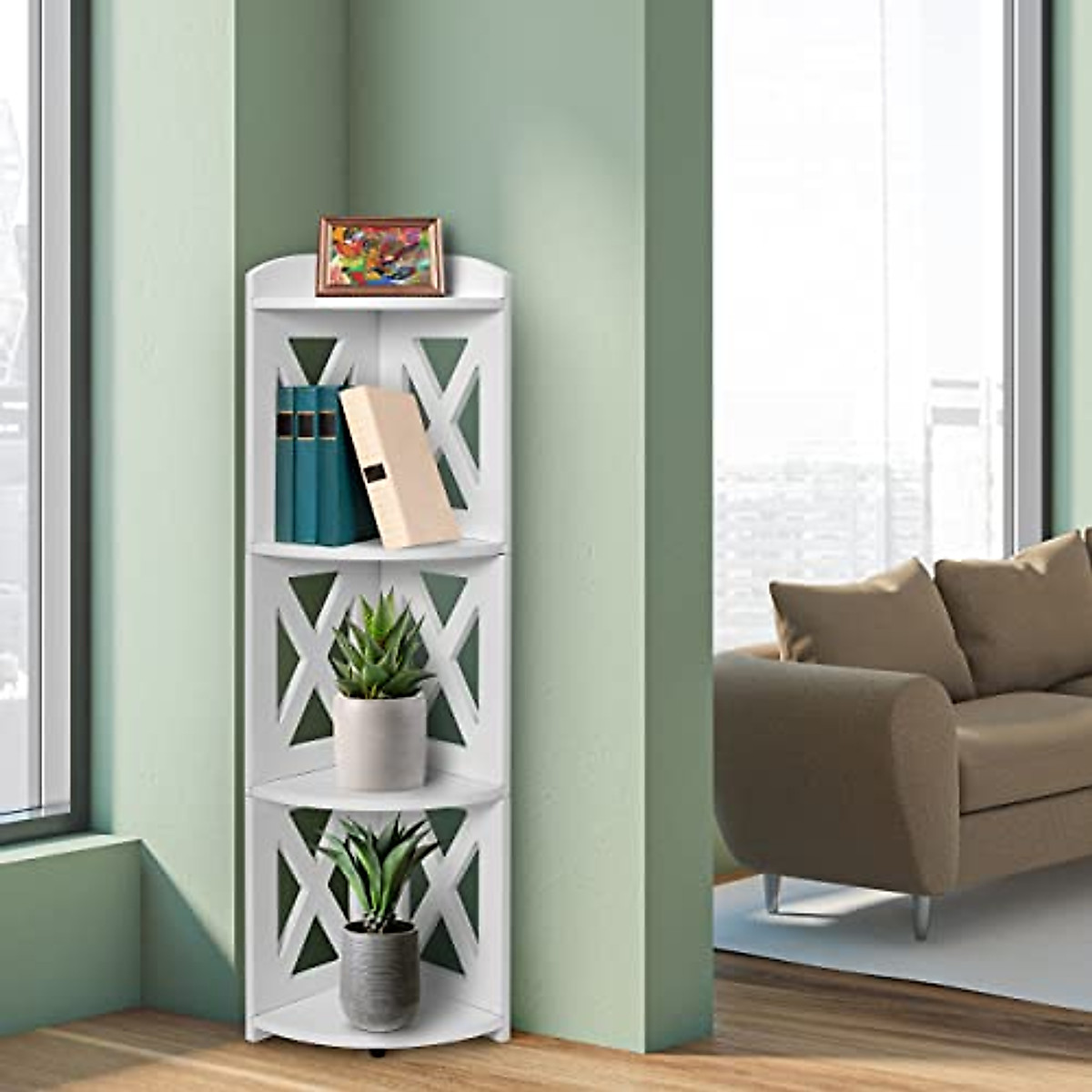 NHZ Corner Shelf Stand, Wood Corner Bookshelf, Corner Bookcase and Plant Stand (White, 4 Tier)