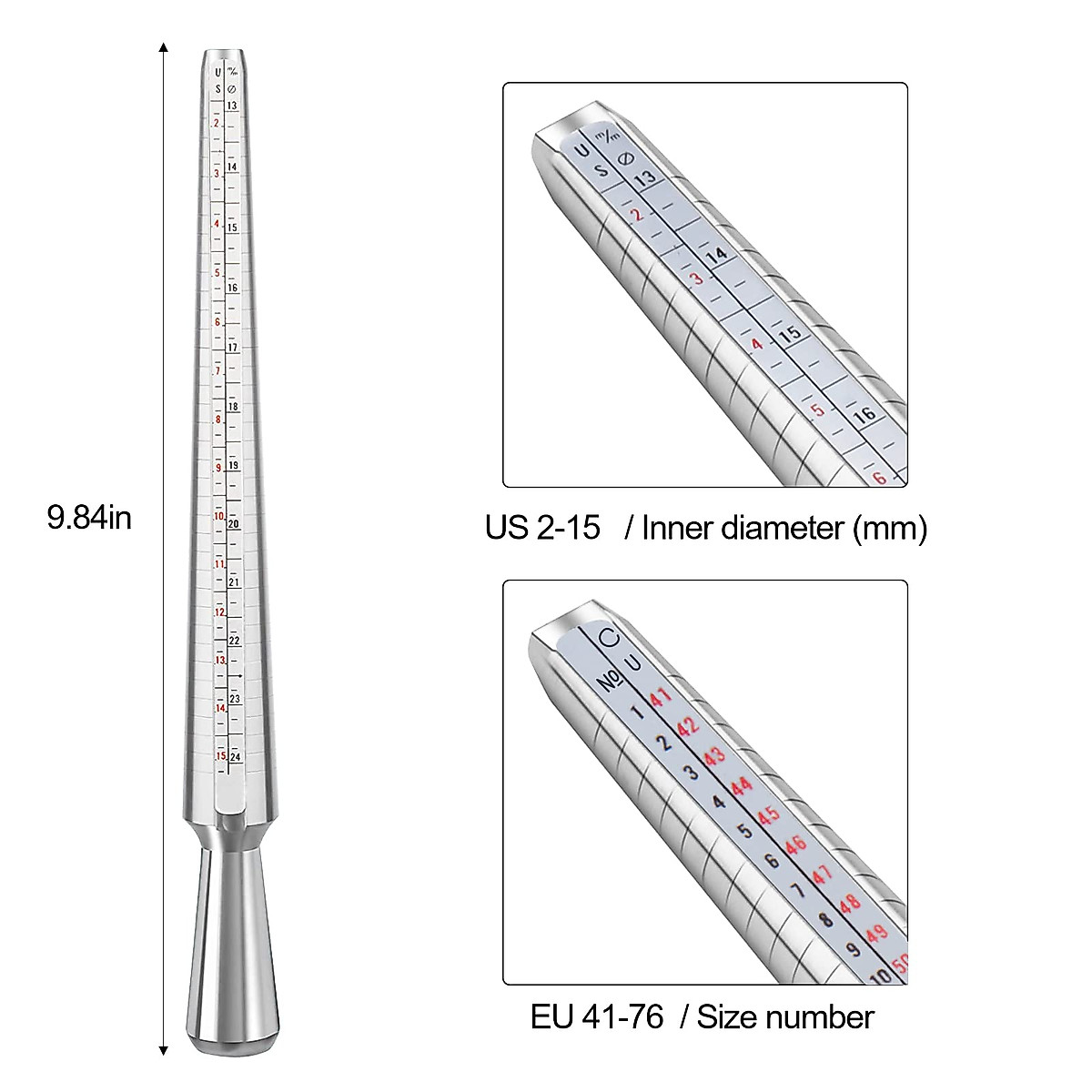 Metal Ring Sizer Measuring Tool Set, US Ring Mandrel for Ring Making and Finger Measuring, Three Ways to Quickly Find The Right Size (4PCS)