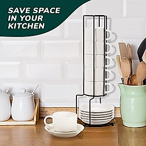 JULKYA SET OF 6 STACKABLE 4OZ IVORY WHITE PORCELAIN ESPRESSO CUPS WITH SAUCERS AND METAL STAND +BONUS STAINLESS STEEL SPOONS - LIGHTWEIGHT CUPS FOR ESPRESSO, LATTE, CAFÉ MACCHIATO, OR TEA