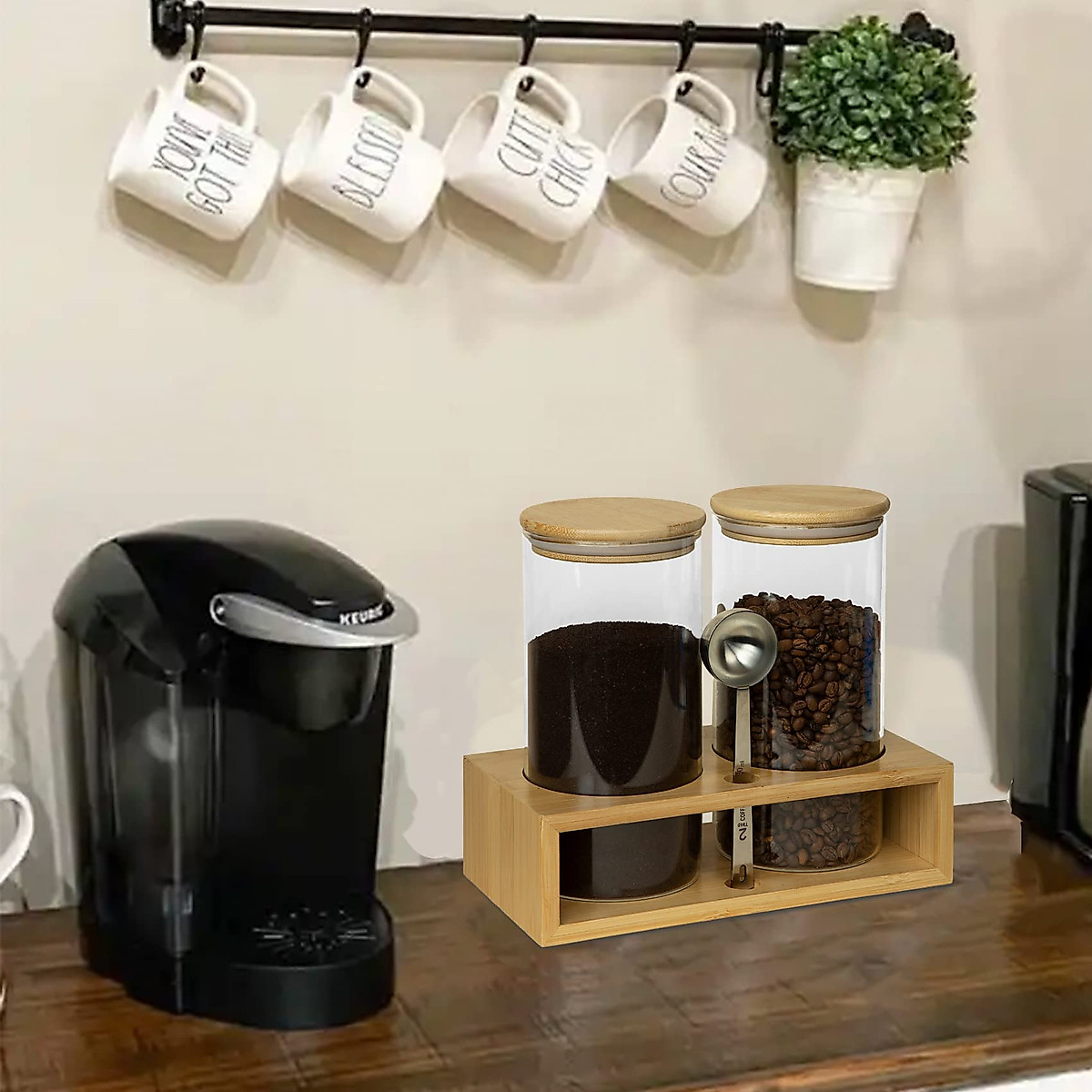 Glass Coffee Containers With Shelf, Coffee Bar Organizer And Accessories, Coffee Jars With Spoon, 2x 49oz Coffee Bean Storage Airtight Sealed Coffee Canister For Coffee Bean, Ground Coffee, Nuts