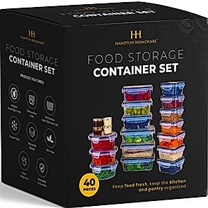 40 Piece Food Storage Container Set w/ Dressing Cups (20 Containers + 20 Lids) - Airtight Plastic Containers for Kitchen Organization, Meal Prep, Leftovers, Lunch - Includes Labels & Erasable Marker