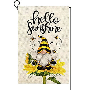 Baccessor Spring Summer Hello Sunshine Sunflower Garden Flag Double Sided, Sunflower Gnome Bees Funny Gnome Farmhouse Yard Flag Seasonal Holiday Outdoor Outside Decoration 12.5x18 Inch