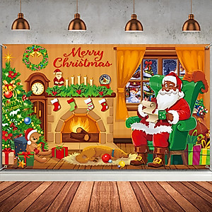 Tiamon Merry Christmas Backdrop Xmas Black Santa Claus Background Decoration for Photography Fireplace Wall Hanging Banner Photo Booth Prop for Winter Home New Year Holiday Party Favor Supplies