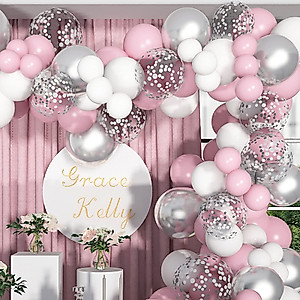 Soonlyn Pink Balloon Garland Kit 130 Pcs 12 In Pink Silver Metallic Balloons White Latex Balloons Arch Kit for Baby Shower Decorations Girl Birthday Party Bridal Shower Wedding